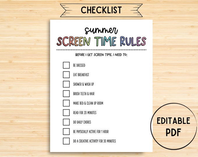 Screen Time Checklist Summer Editable Printable Screen Time - Etsy