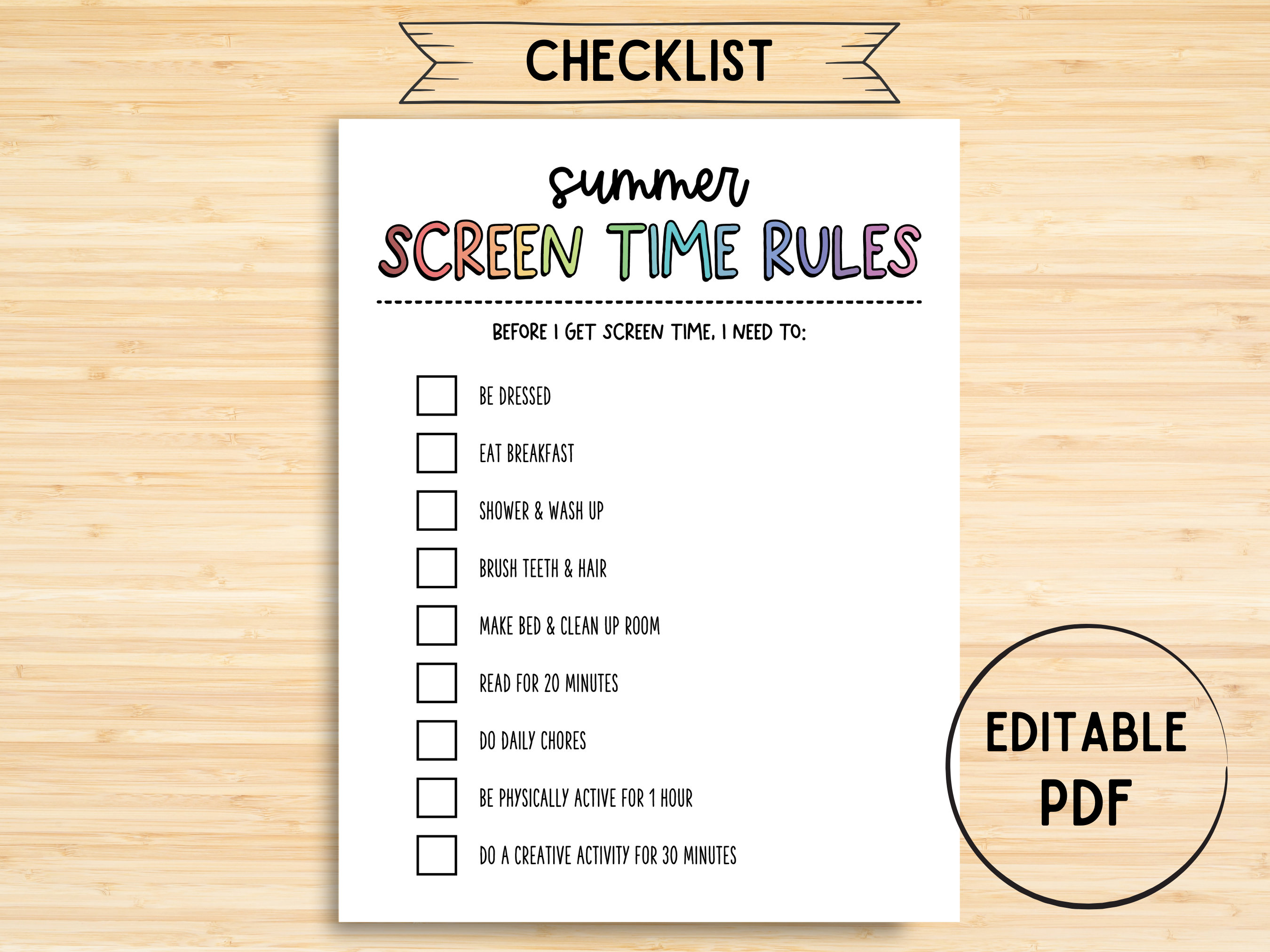 Screen Time Checklist Summer Editable Printable Screen Time - Etsy