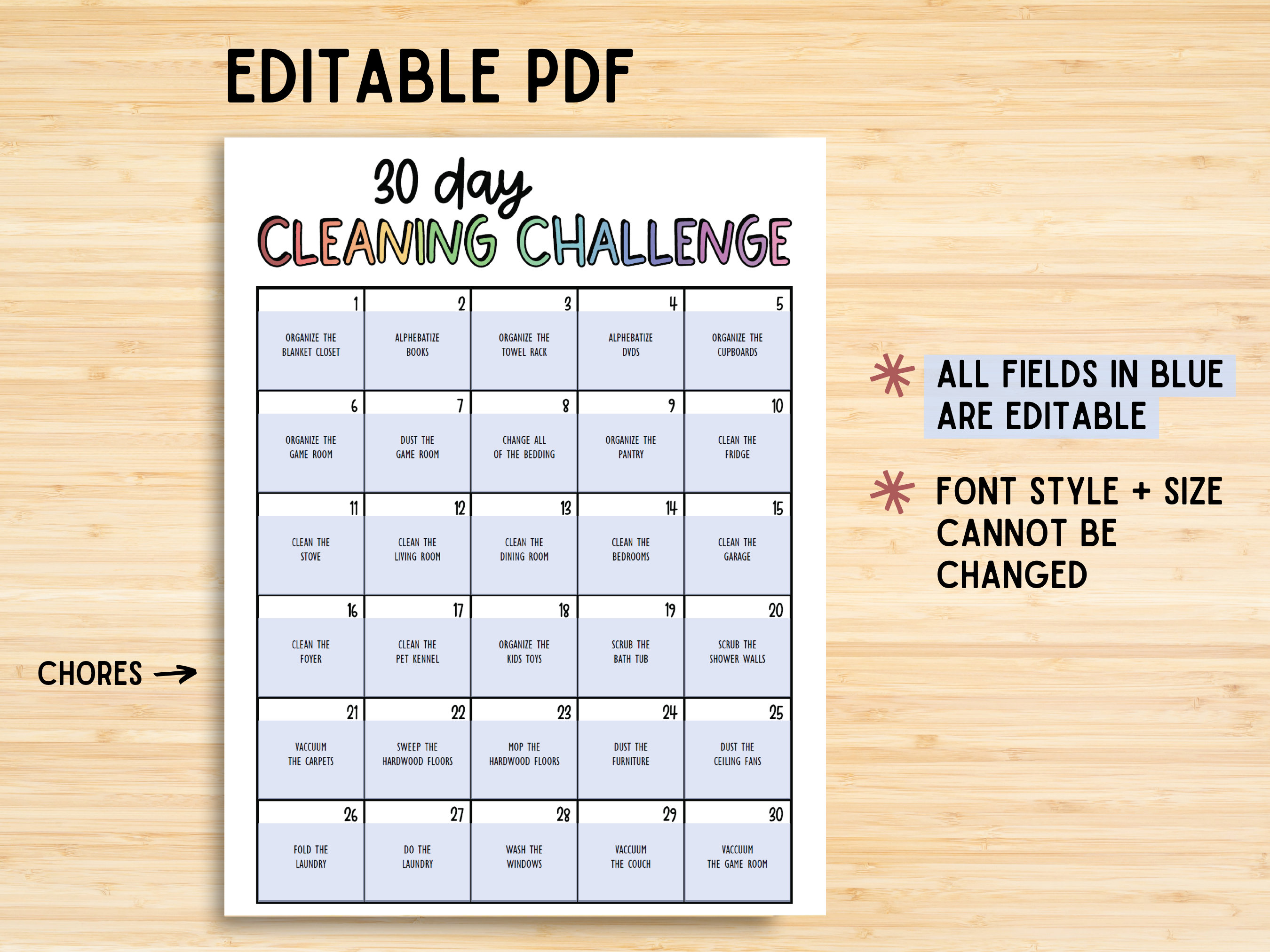 30 Day Cleaning Challenge Printable, Cleaning Planner, Cleaning Tracker, Cleaning Checklist, 30 ...