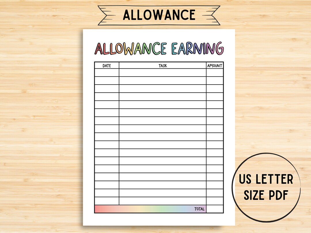 Printable Kids Allowance Earning Chart, Childrens Allowance Log, Pocket ...