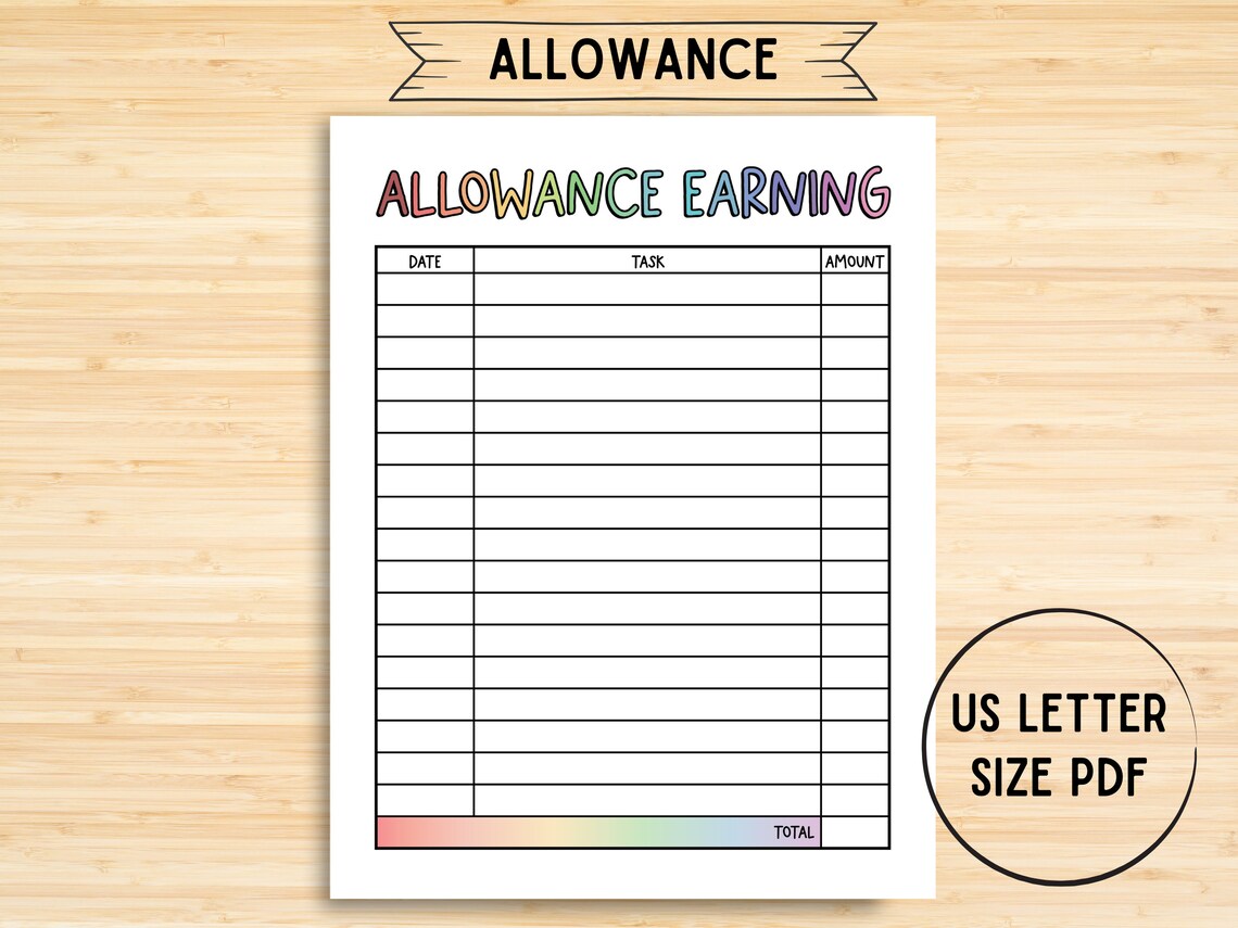 Printable Kids Allowance Earning Chart, Childrens Allowance Log, Pocket ...
