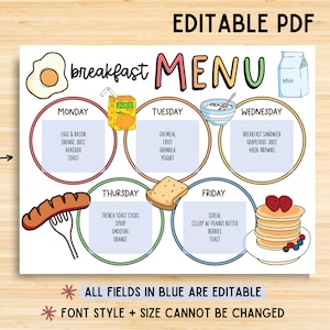 Editable Kids Breakfast Planner, Meal Weekly Planner, Breakfast Menu ...