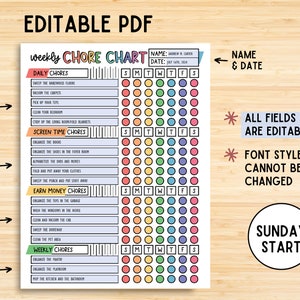 Editable Chore Chart for Kids, Screen Time Chart Checklist, Allowance ...
