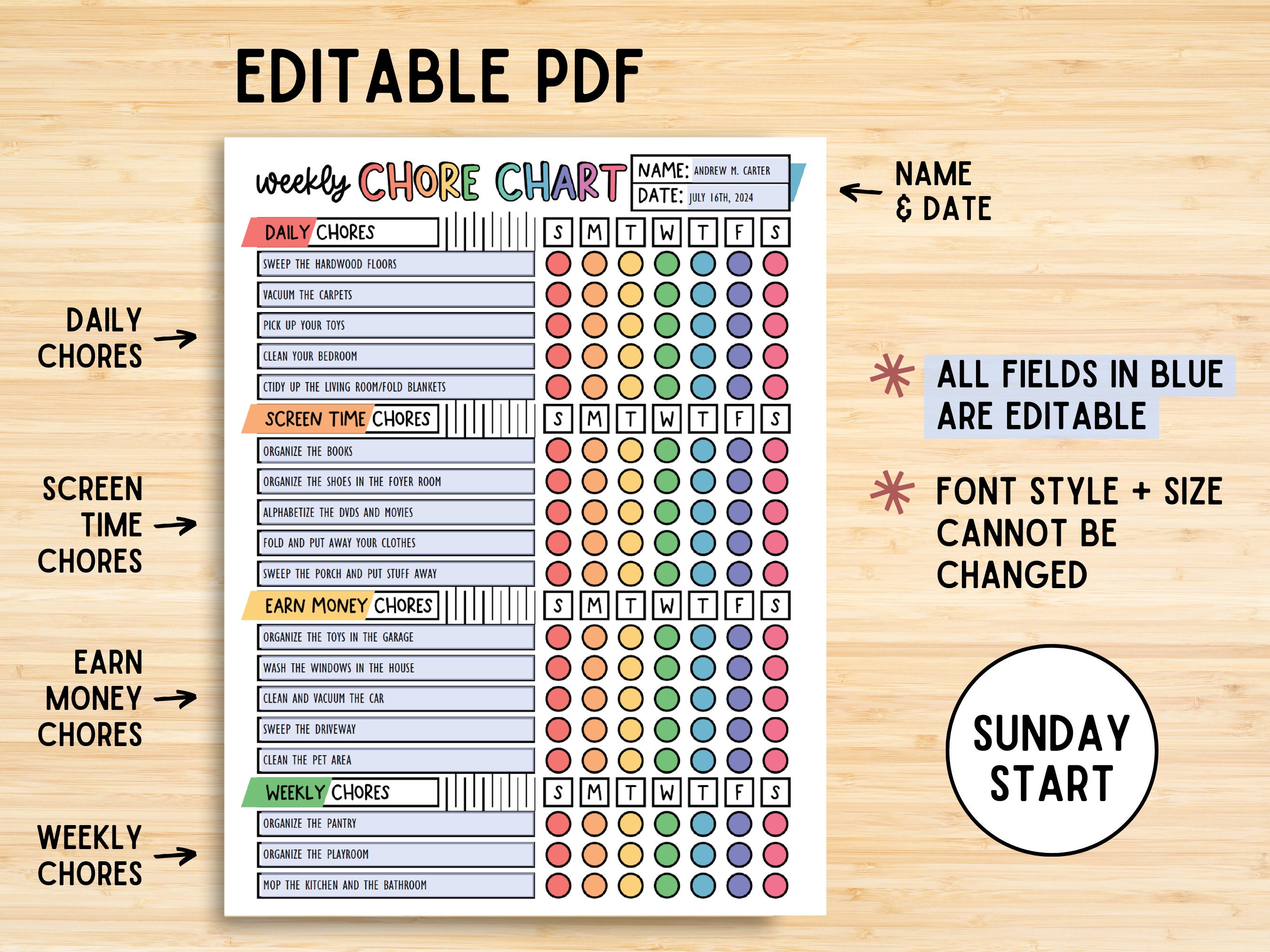 Editable Chore Chart for Kids, Screen Time Chart Checklist, Allowance ...