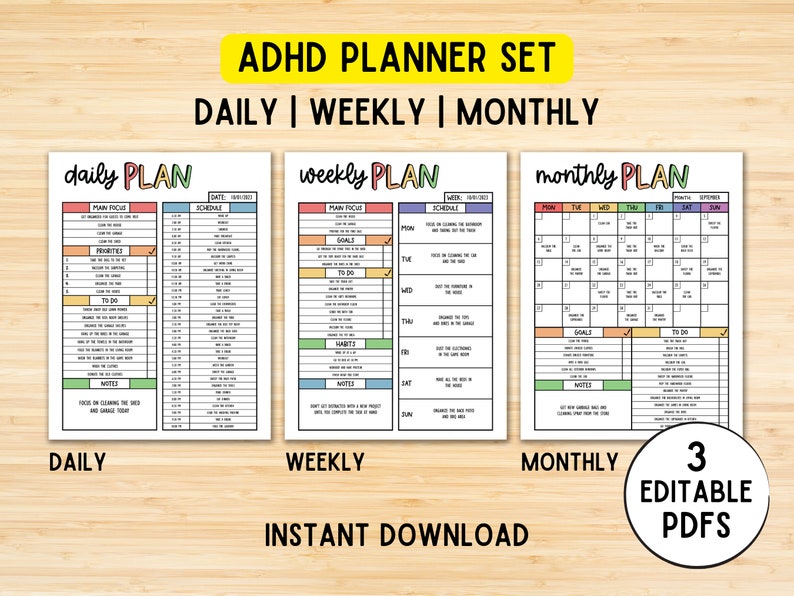 Editable ADHD Planner Printable Set, Daily Planner, Weekly Planner ...