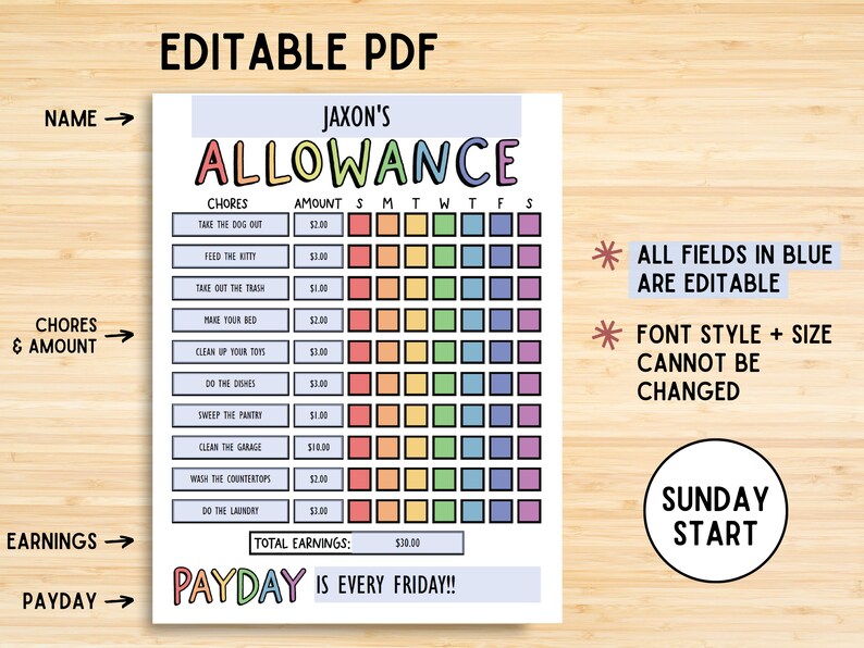 Editable Allowance Tracker Kids, Earn Money Chart, Daily Weekly ...