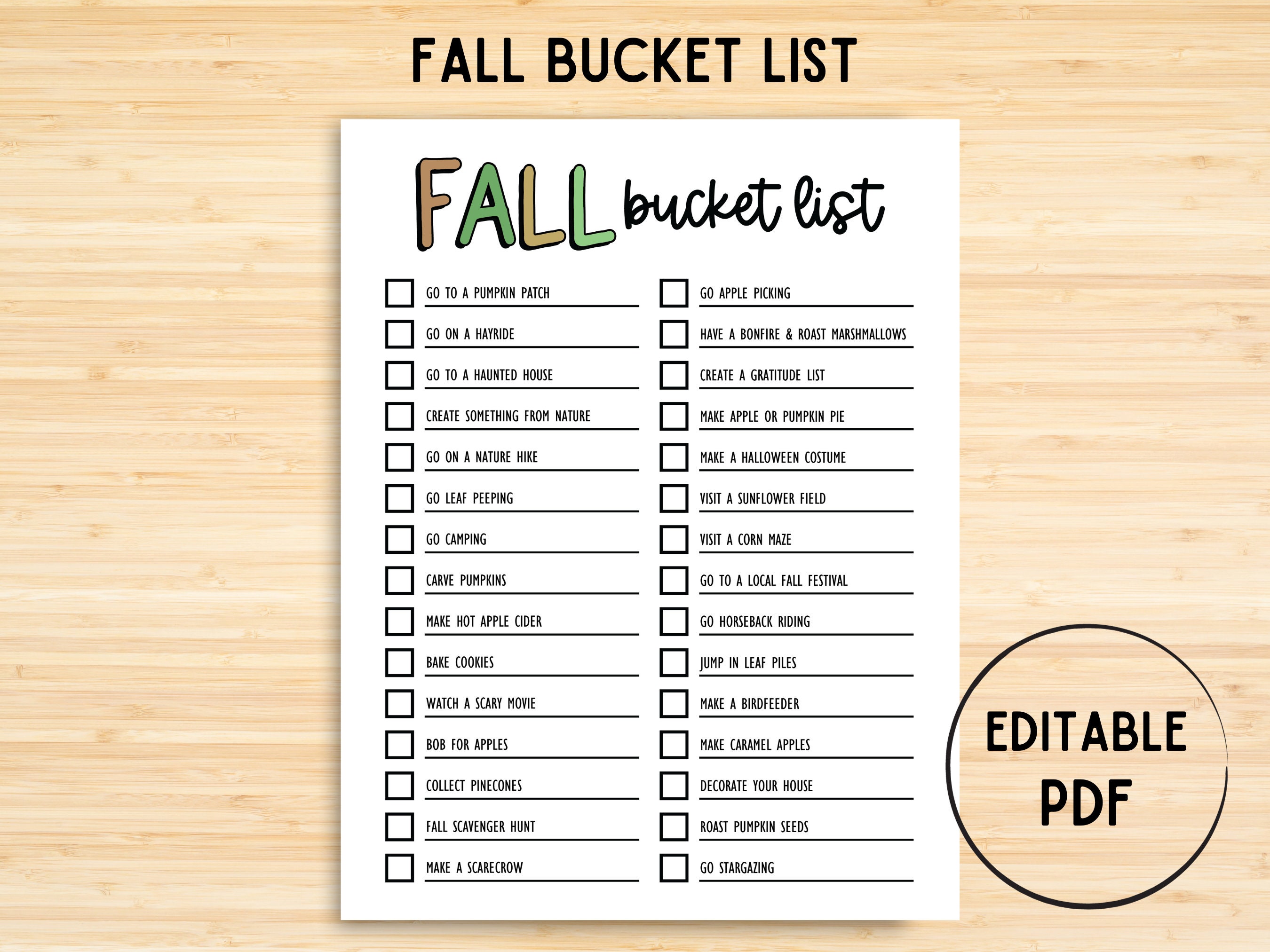 Editable Fall Bucket List, Printable Autumn Bucket List, Fall Bucket List Template, Family ...