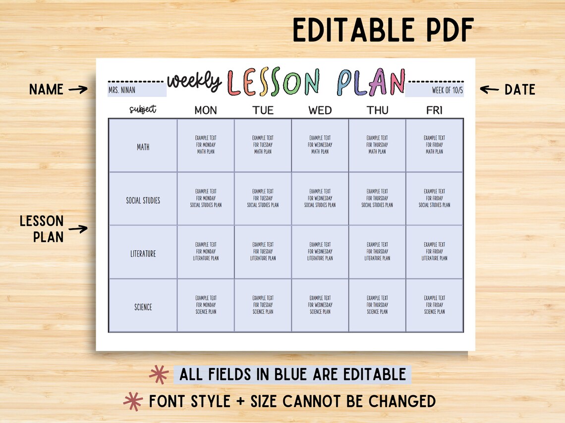 Printable Editable Weekly Lesson Plan, Simple School Schedule, Weekly ...