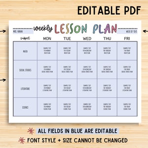 Printable Editable Weekly Lesson Plan, Simple School Schedule, Weekly ...