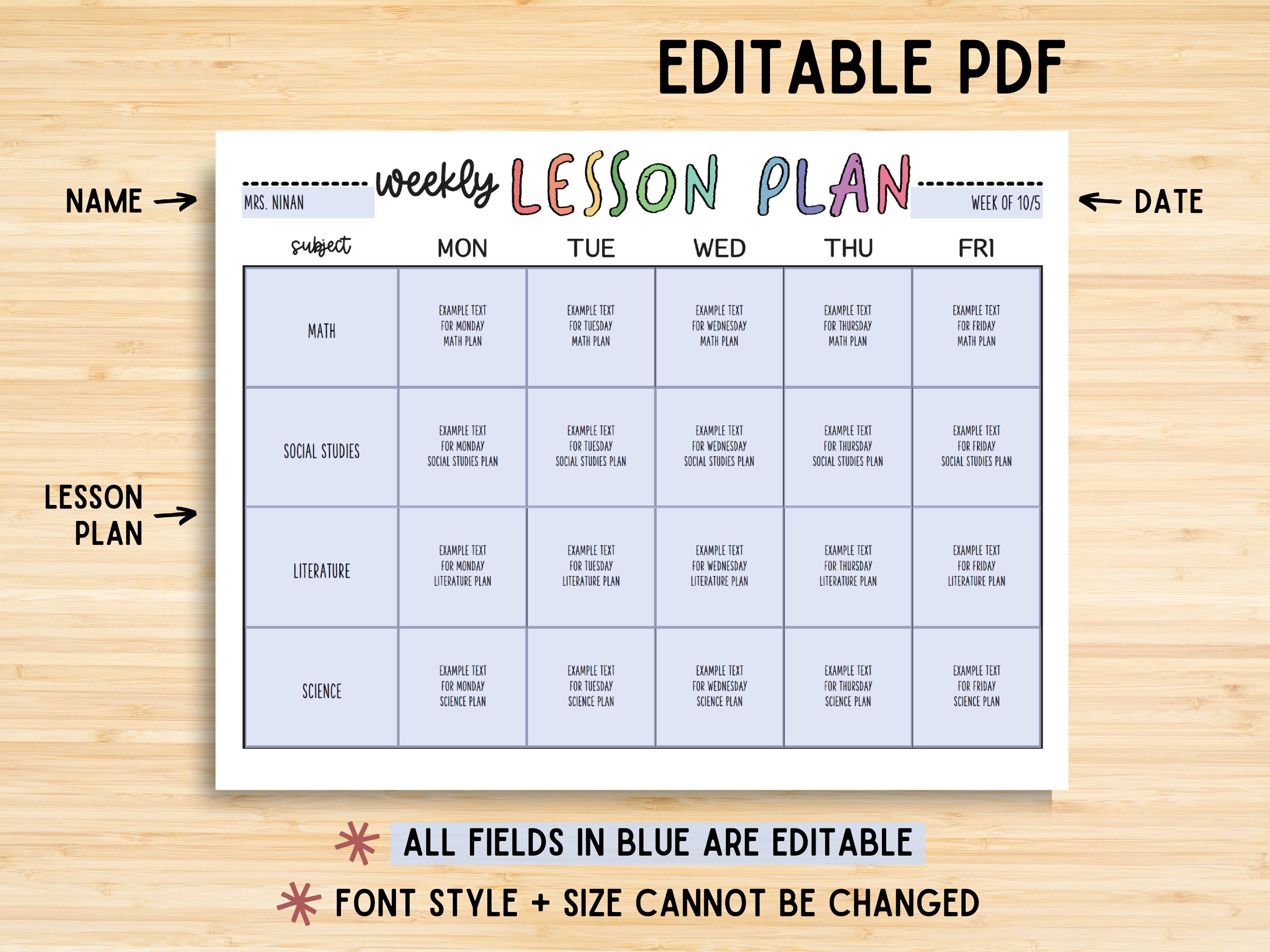 Printable Editable Weekly Lesson Plan, Simple School Schedule, Weekly ...