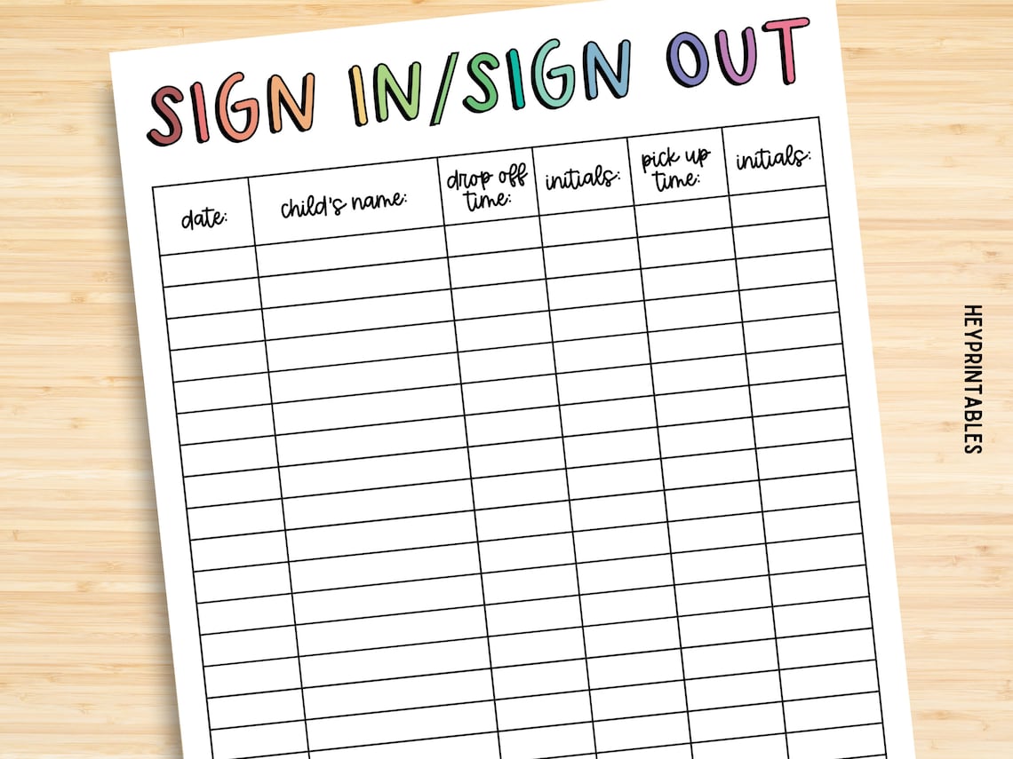 Sign in Sheets for Daycare, School, Preschool, Sports, Recreational ...