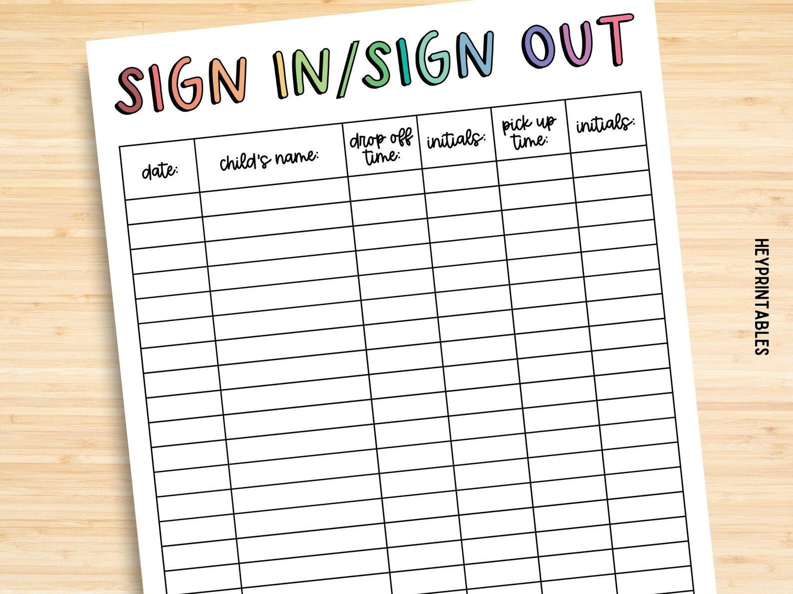 Sign in Sheets for Daycare, School, Preschool, Sports, Recreational ...
