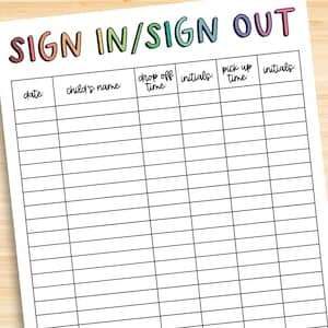 Sign in Sheets for Daycare, School, Preschool, Sports, Recreational ...