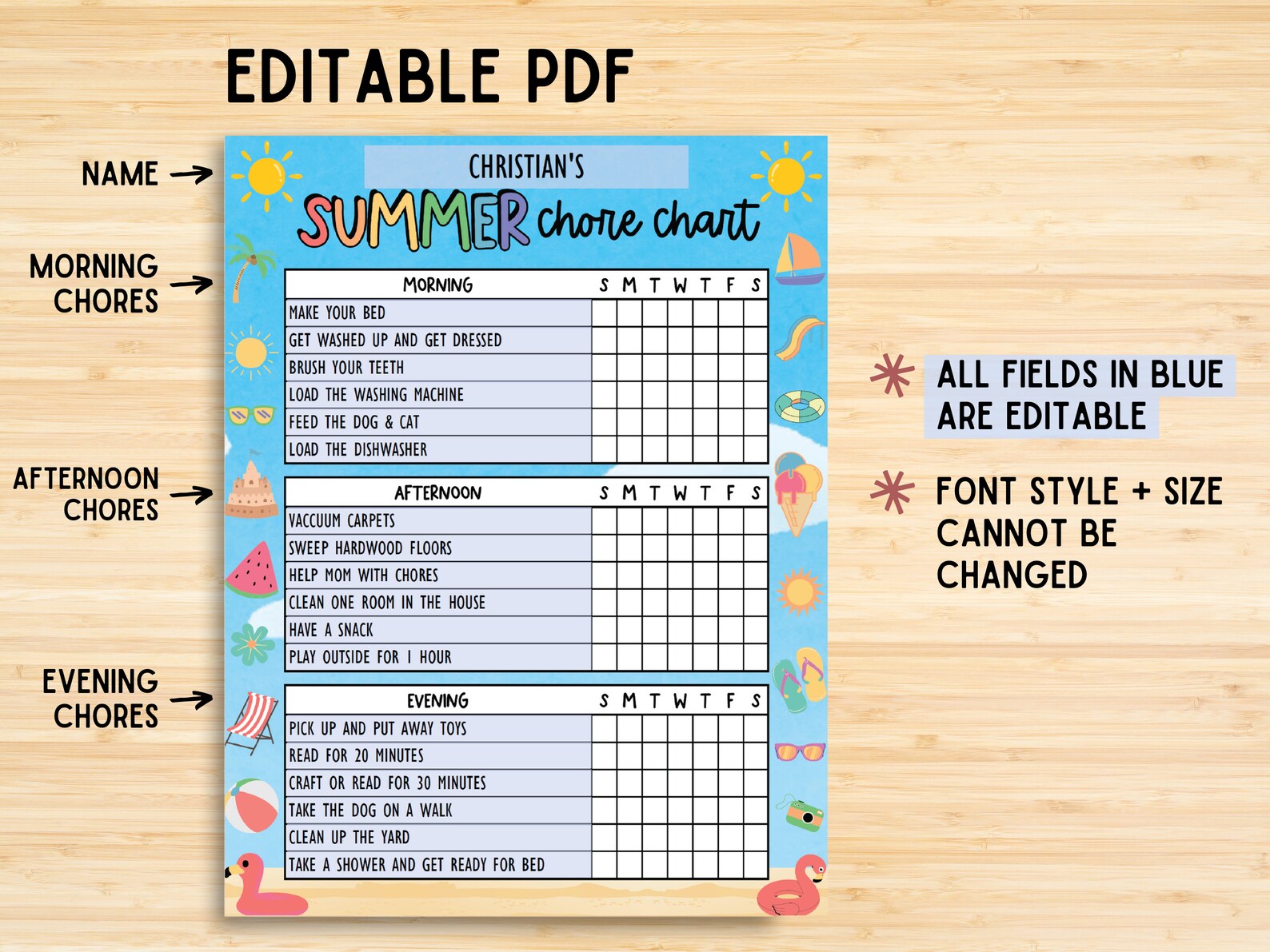 Fun Summer Chore Chart for Kids, Editable Chore Reward Chart, Kids ...