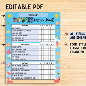 Fun Summer Chore Chart for Kids, Editable Chore Reward Chart, Kids ...