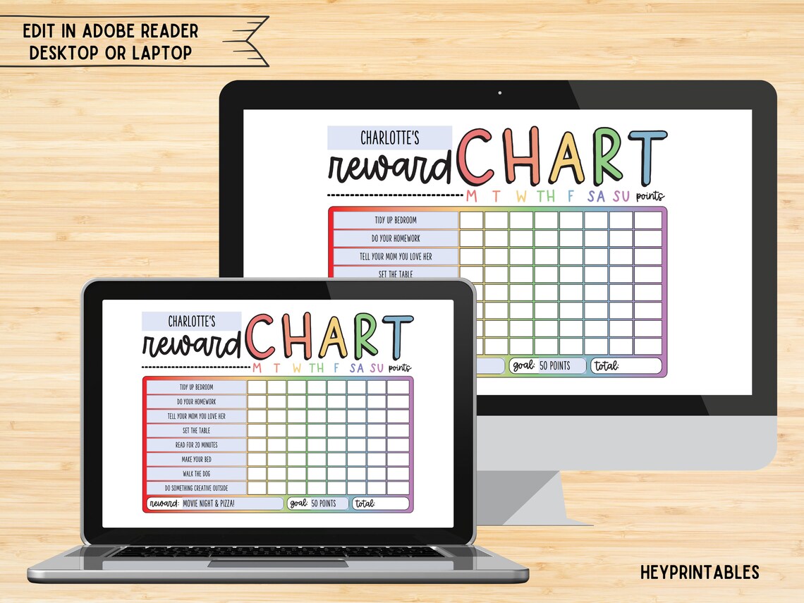 Reward Chart Printable Editable Weekly Kids Chore and Reward - Etsy