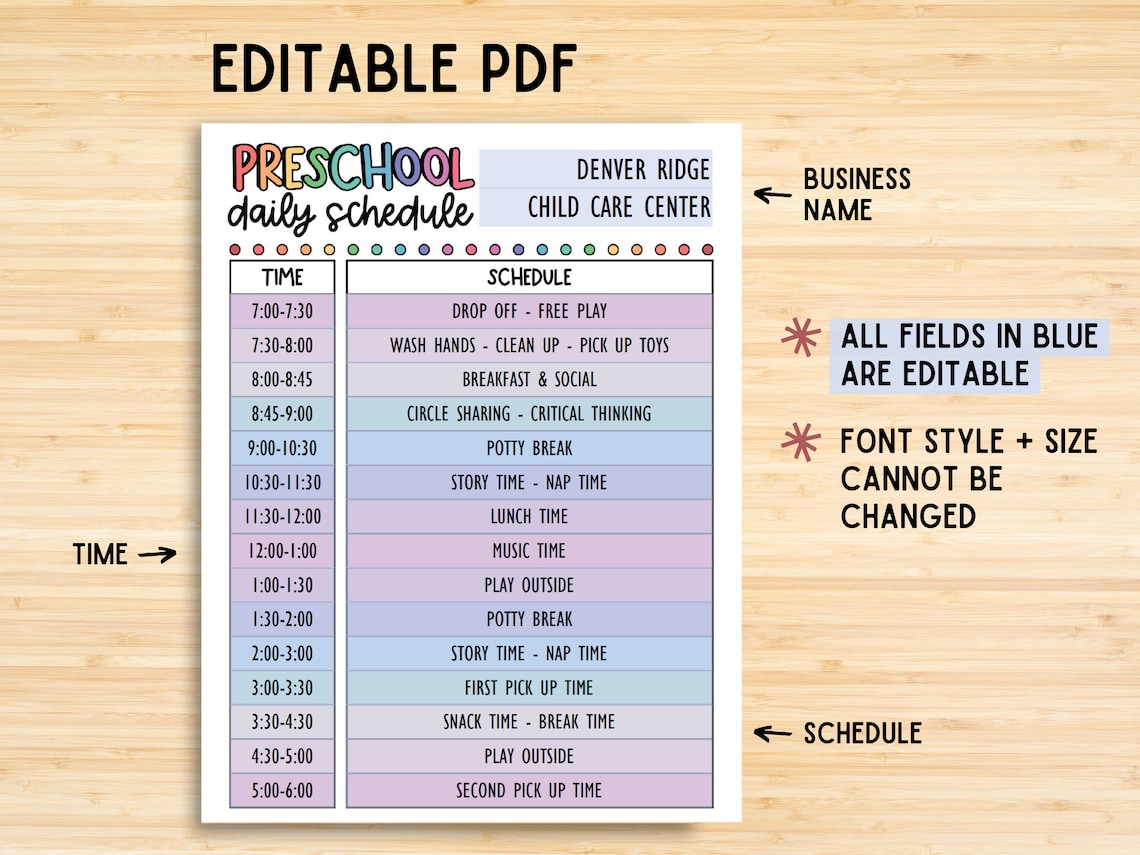 Daycare Daily Schedule for Preschool, Printable Child Care, Kids Daily ...