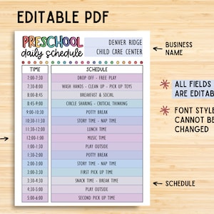 Daycare Daily Schedule for Preschool, Printable Child Care, Kids Daily ...