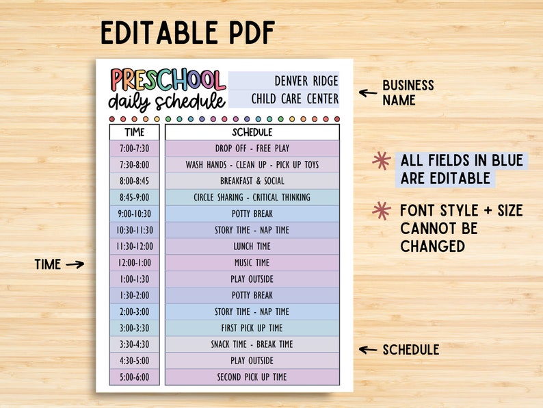 Daycare Daily Schedule for Preschool, Printable Child Care, Kids Daily ...