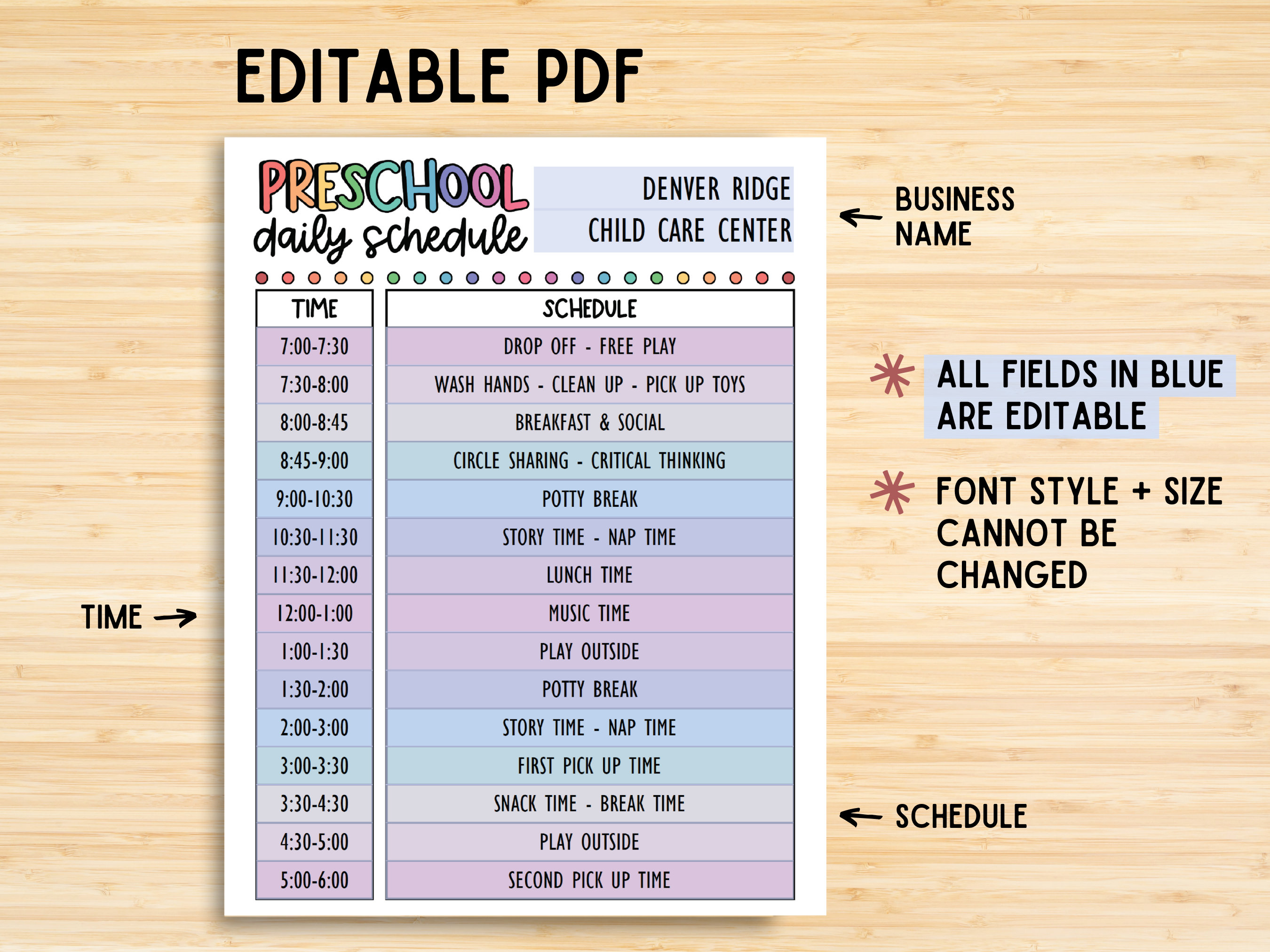 Daycare Daily Schedule for Preschool, Printable Child Care, Kids Daily ...