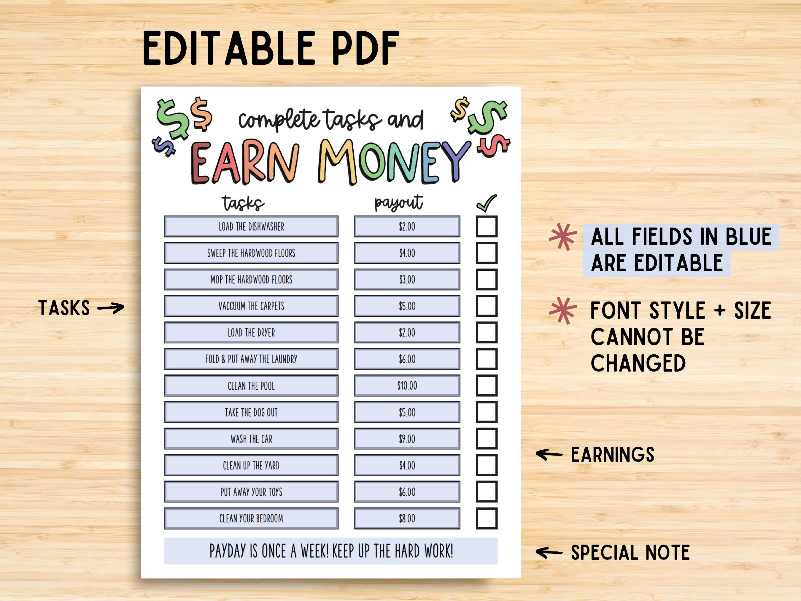 Editable Allowance Chart for Kids, Allowance Tracker, Editable Chore ...