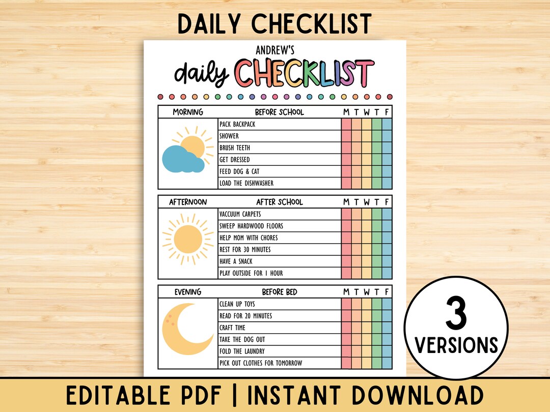 Editable Daily Checklist for Kids, Printable, Kids Responsibility Chart ...