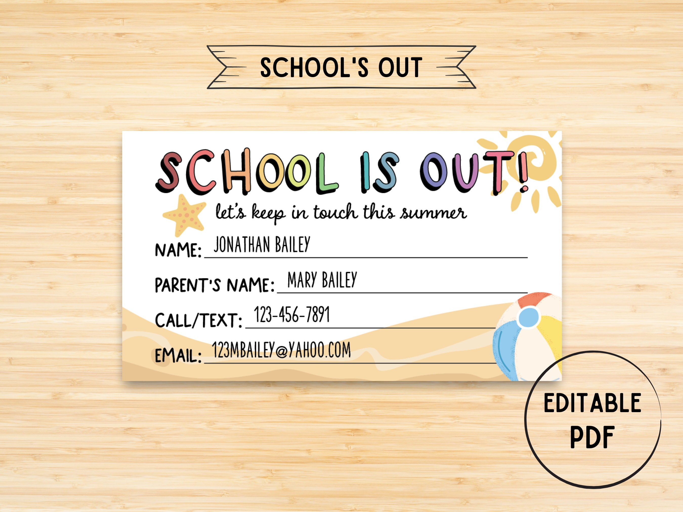 Printable Summer Contact Card Editable End of School Cards - Etsy