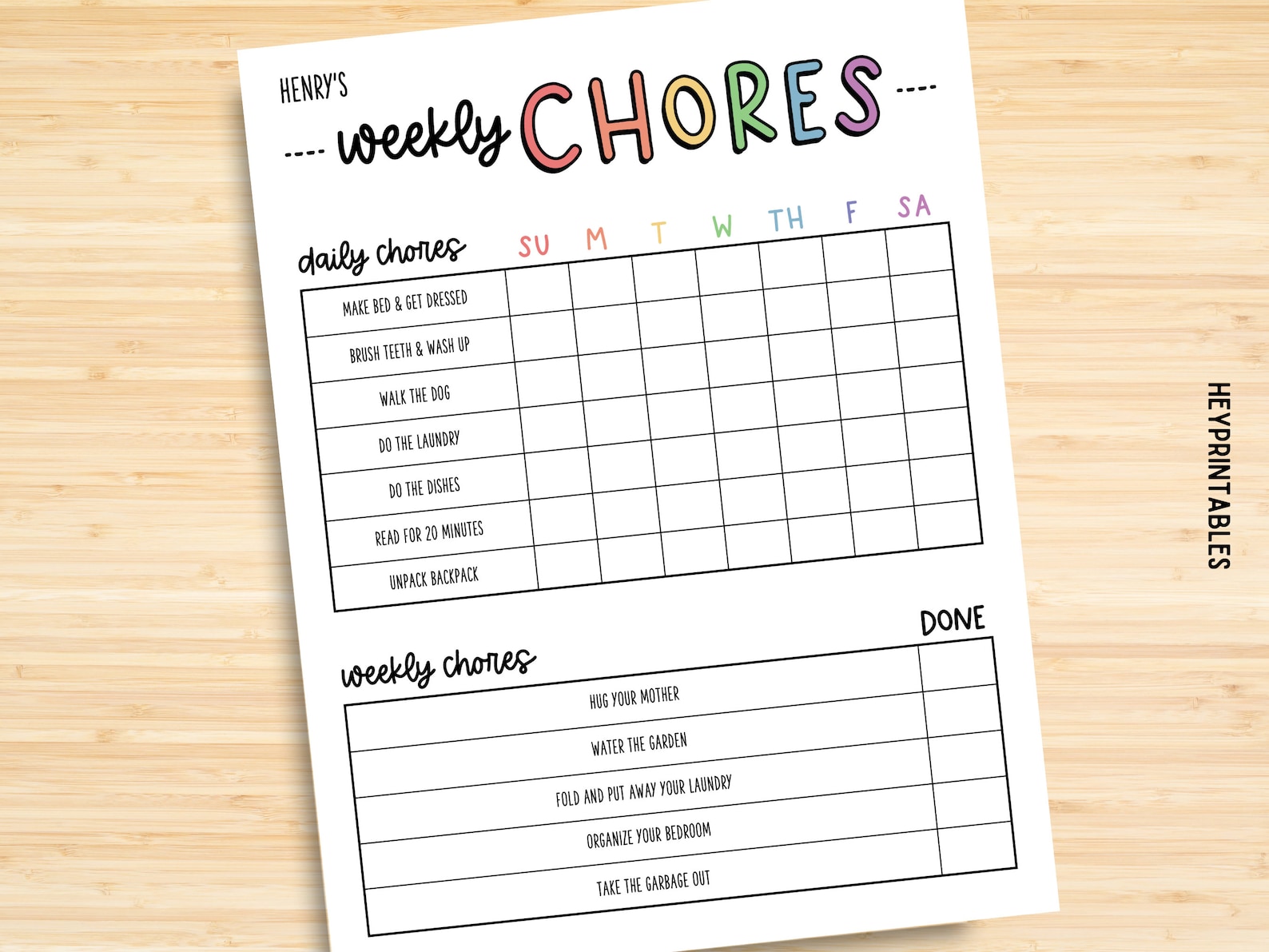 Chore Chart Printable Editable Daily & Weekly Kids Chore - Etsy