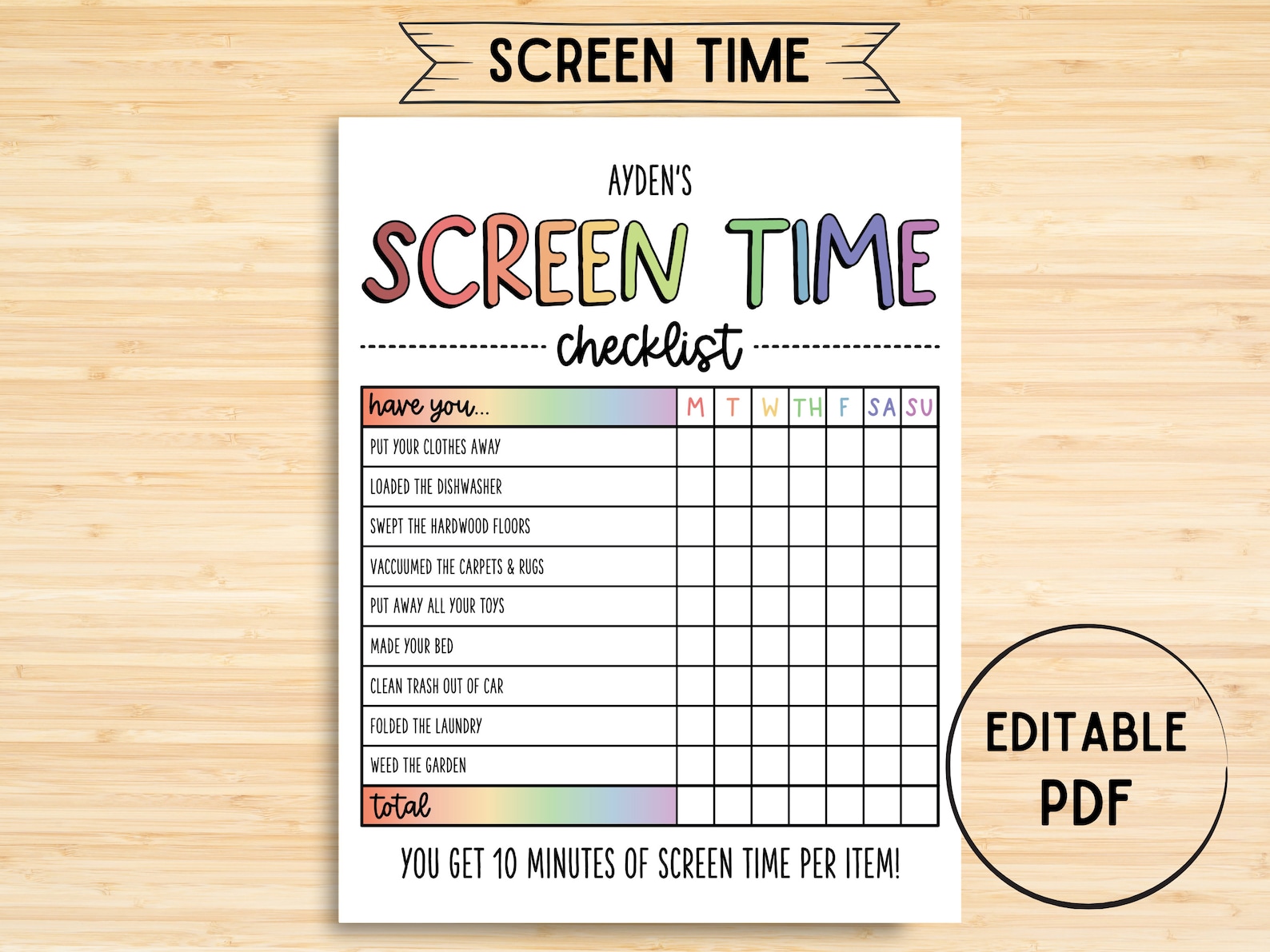 Screen Time Checklist Editable Printable Screen Time Chore - Etsy