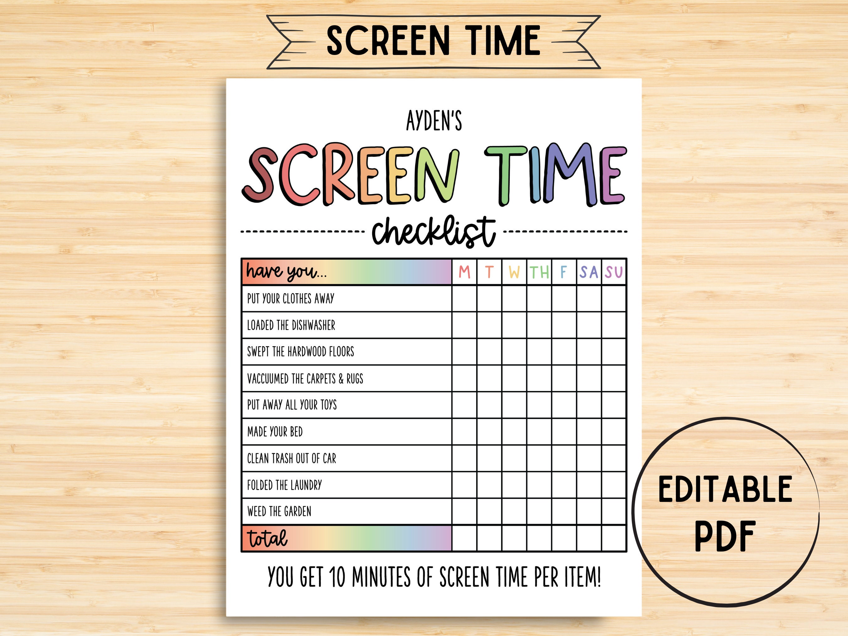 Screen Time Checklist Editable Printable Screen Time Chore - Etsy