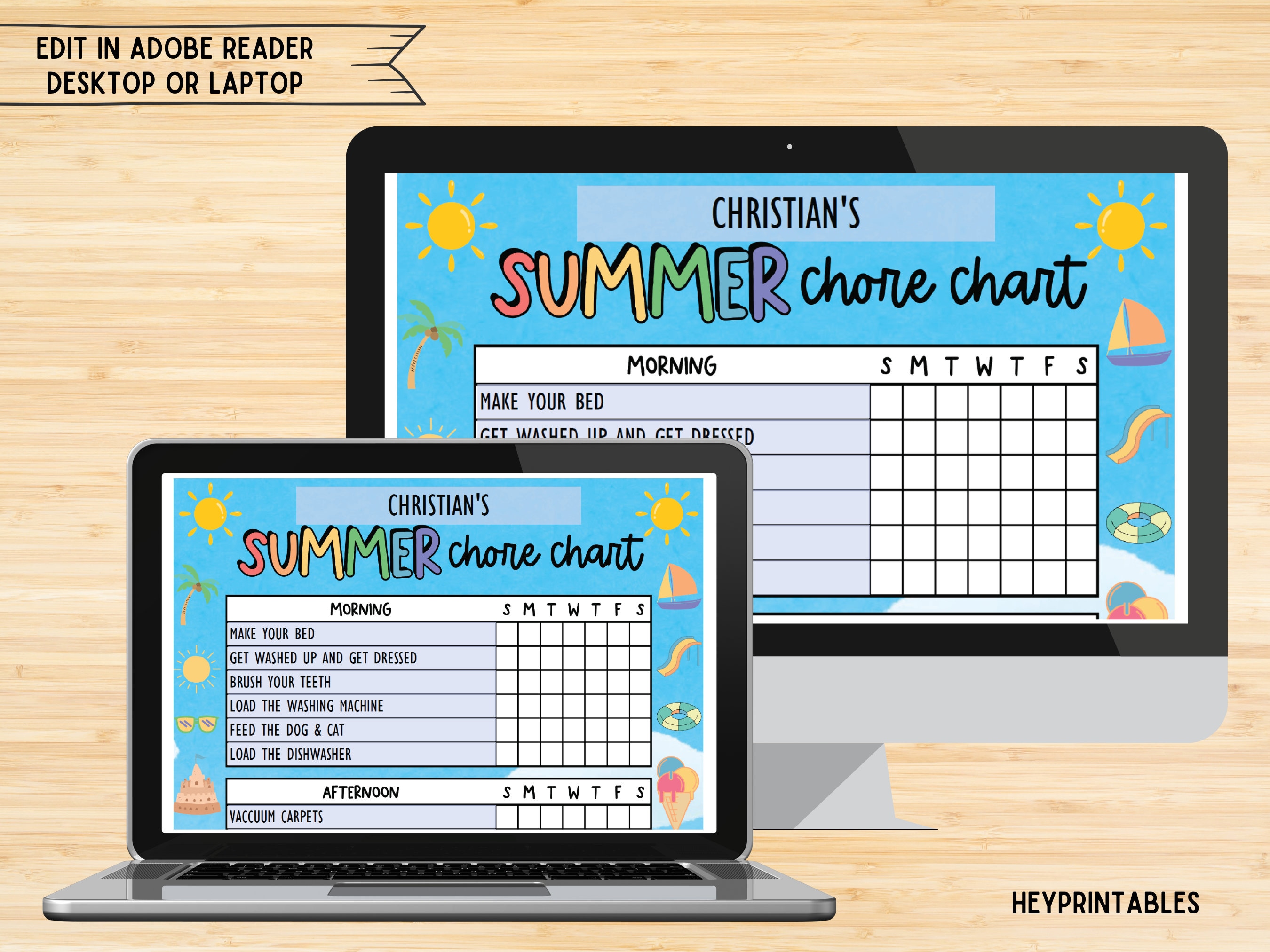 Fun Summer Chore Chart for Kids, Editable Chore Reward Chart, Kids ...