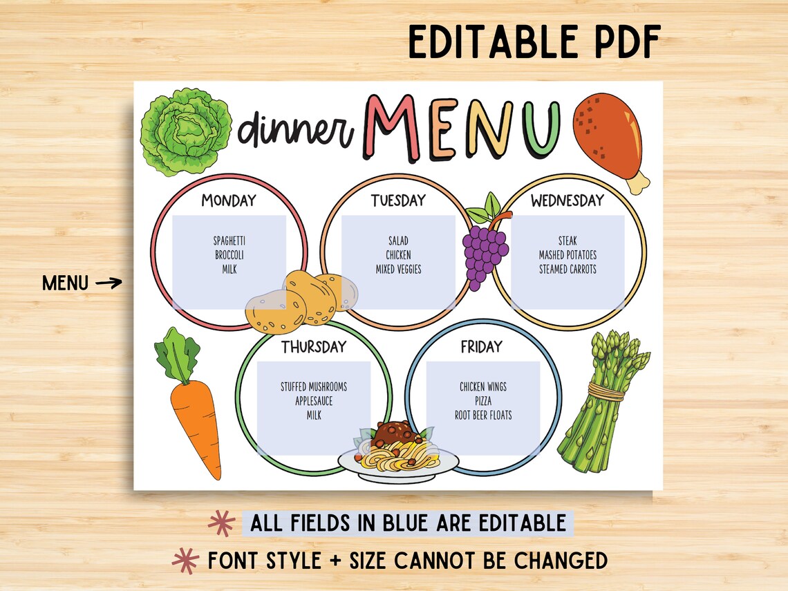 Editable Kids Dinner Planner, Meal Weekly Planner, Dinner Menu for ...