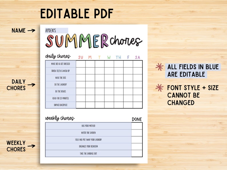 Chore Chart, Printable Editable SUMMER Daily & Weekly Kids Chore ...