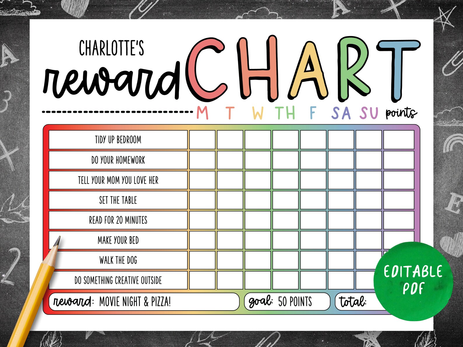 Reward Chart Printable Editable Weekly Kids Chore and Reward | Etsy