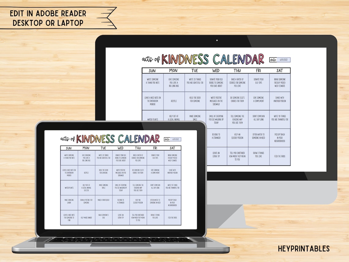 Kids's Acts of Kindness Calendar Kindness Calendar - Etsy