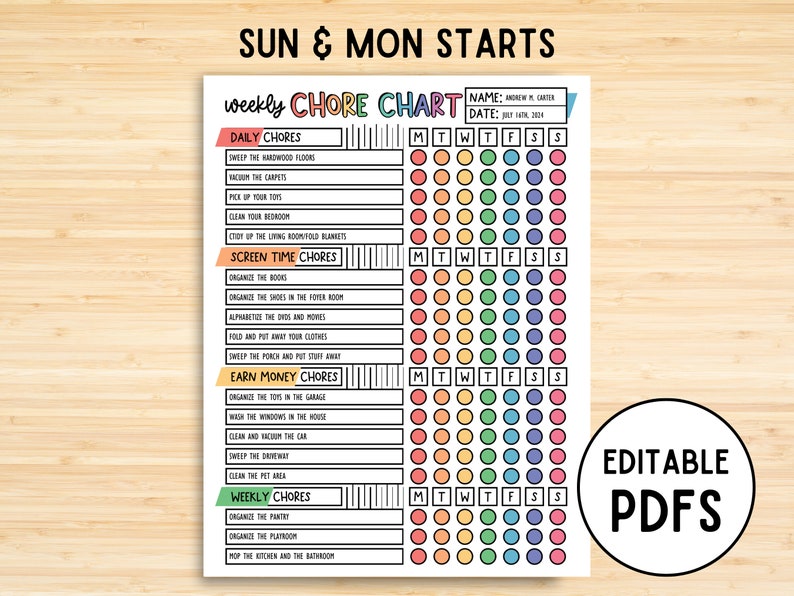 Editable Chore Chart for Kids, Screen Time Chart Checklist, Allowance ...