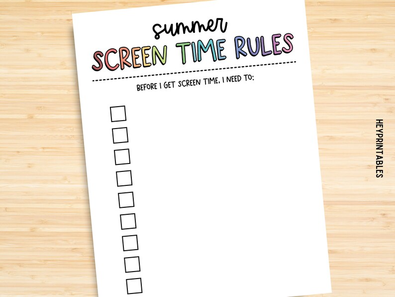 Screen Time Checklist Summer Editable Printable Screen Time - Etsy
