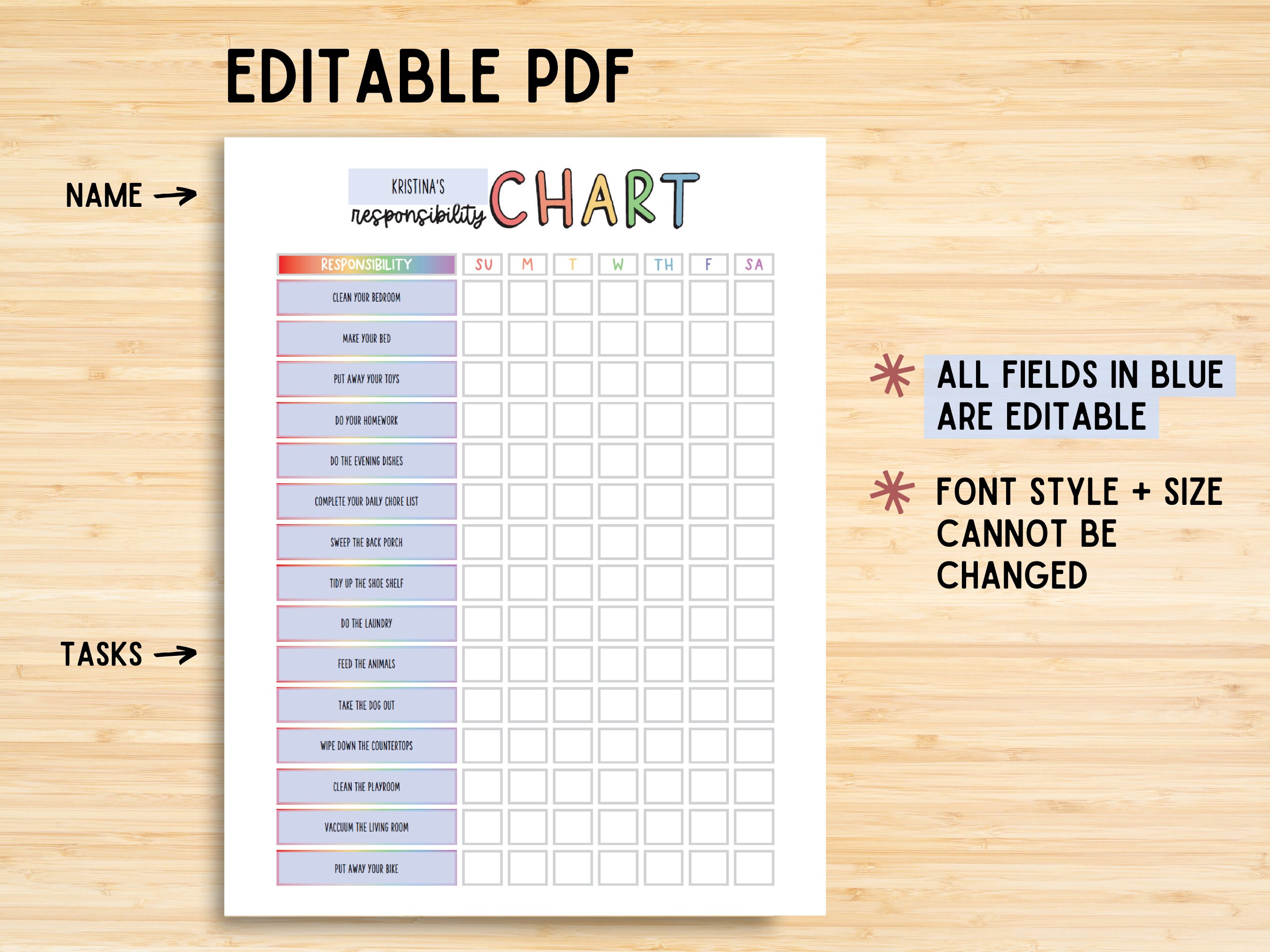 Chore Chart, Printable Kid's EDITABLE, Child Responsibility Chart ...