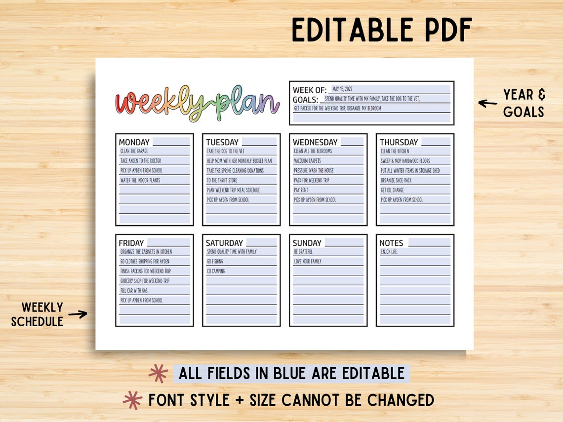 Weekly Planner, Simple Planner, Editable PDF, Fillable, 11 X 8.5 Inches ...