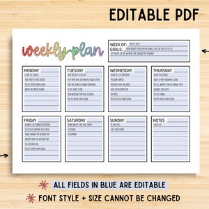 Weekly Planner, Simple Planner, Editable PDF, Fillable, 11 X 8.5 Inches ...