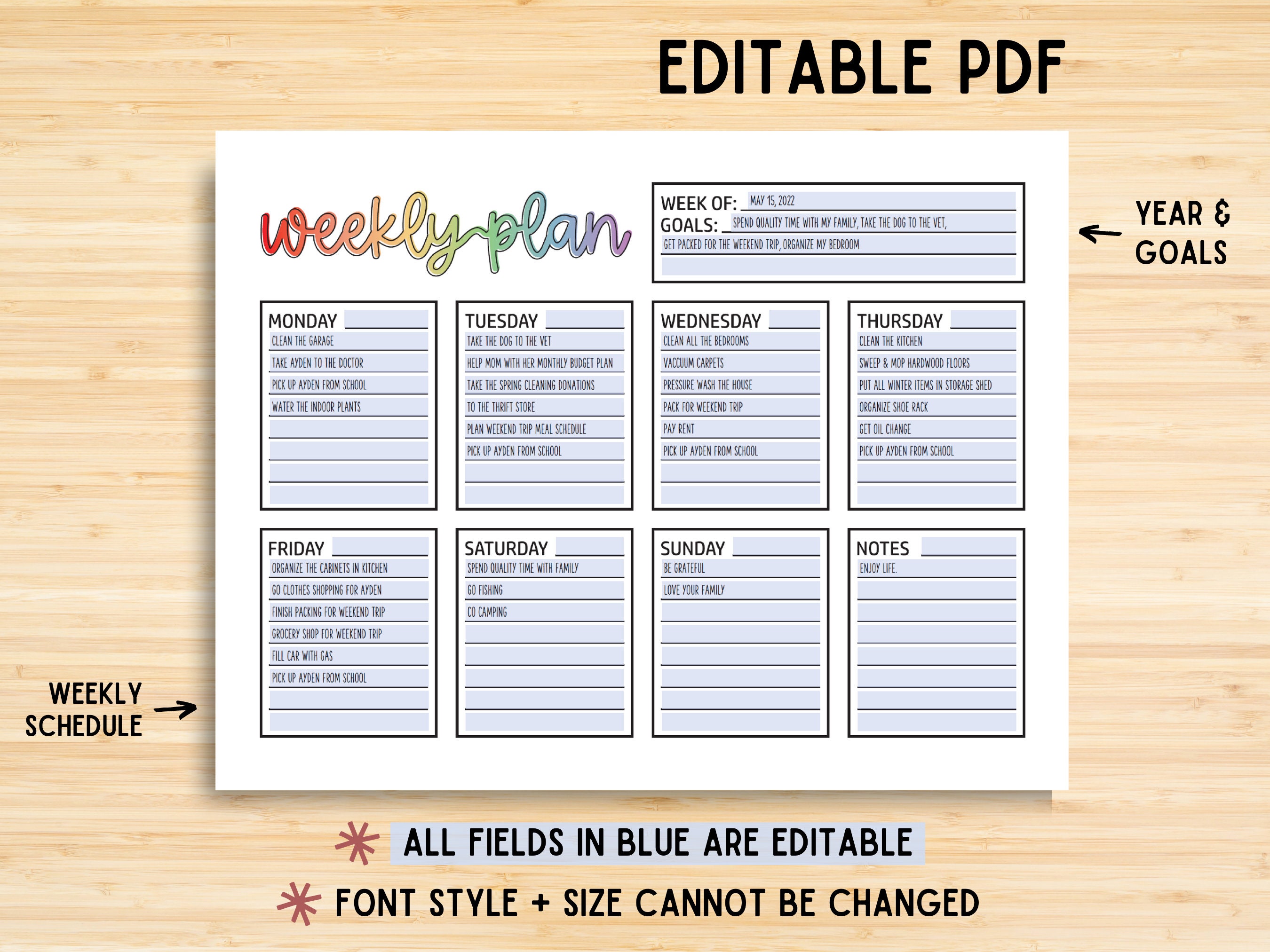 Weekly Planner, Simple Planner, Editable PDF, Fillable, 11 X 8.5 Inches ...