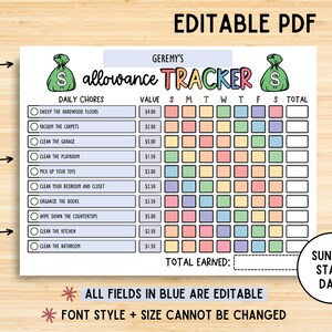 Editable Allowance Tracker Kids, Earn Money Chart, Daily Weekly ...