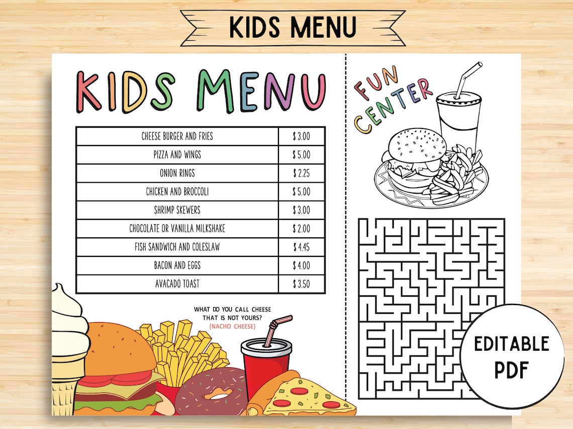 Editable Kids Menu Design, Template Design, Menus, Kids Activity Menu ...