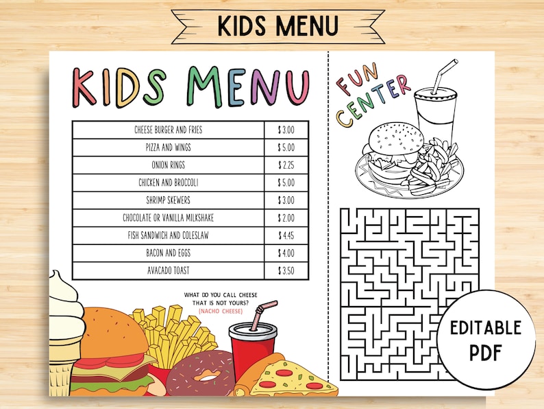 Editable Kids Menu Design, Template Design, Menus, Kids Activity Menu ...