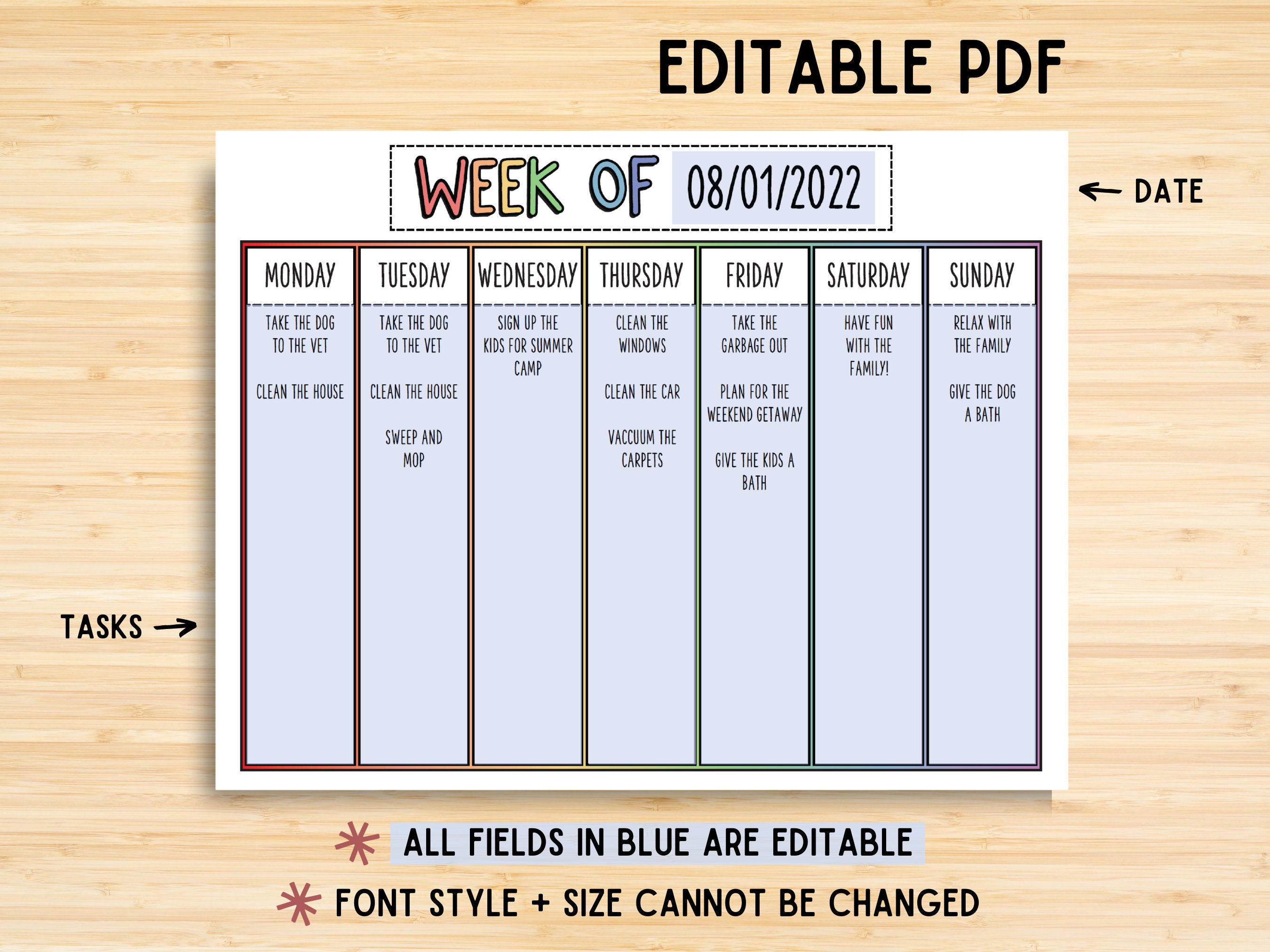 Printable Editable Weekly Calendar, 11x8.5, Letter Size Rainbow ...