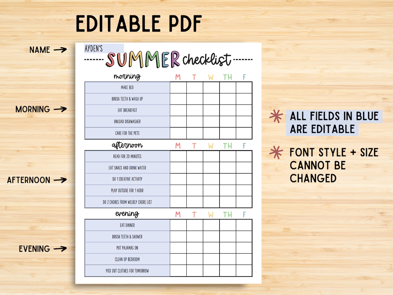 Chore Chart, Printable Editable Summer Daily Checklist for Kids, Chore ...