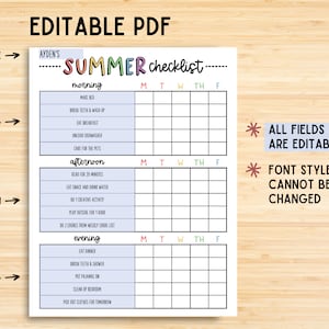 Chore Chart, Printable Editable Summer Daily Checklist for Kids, Chore ...