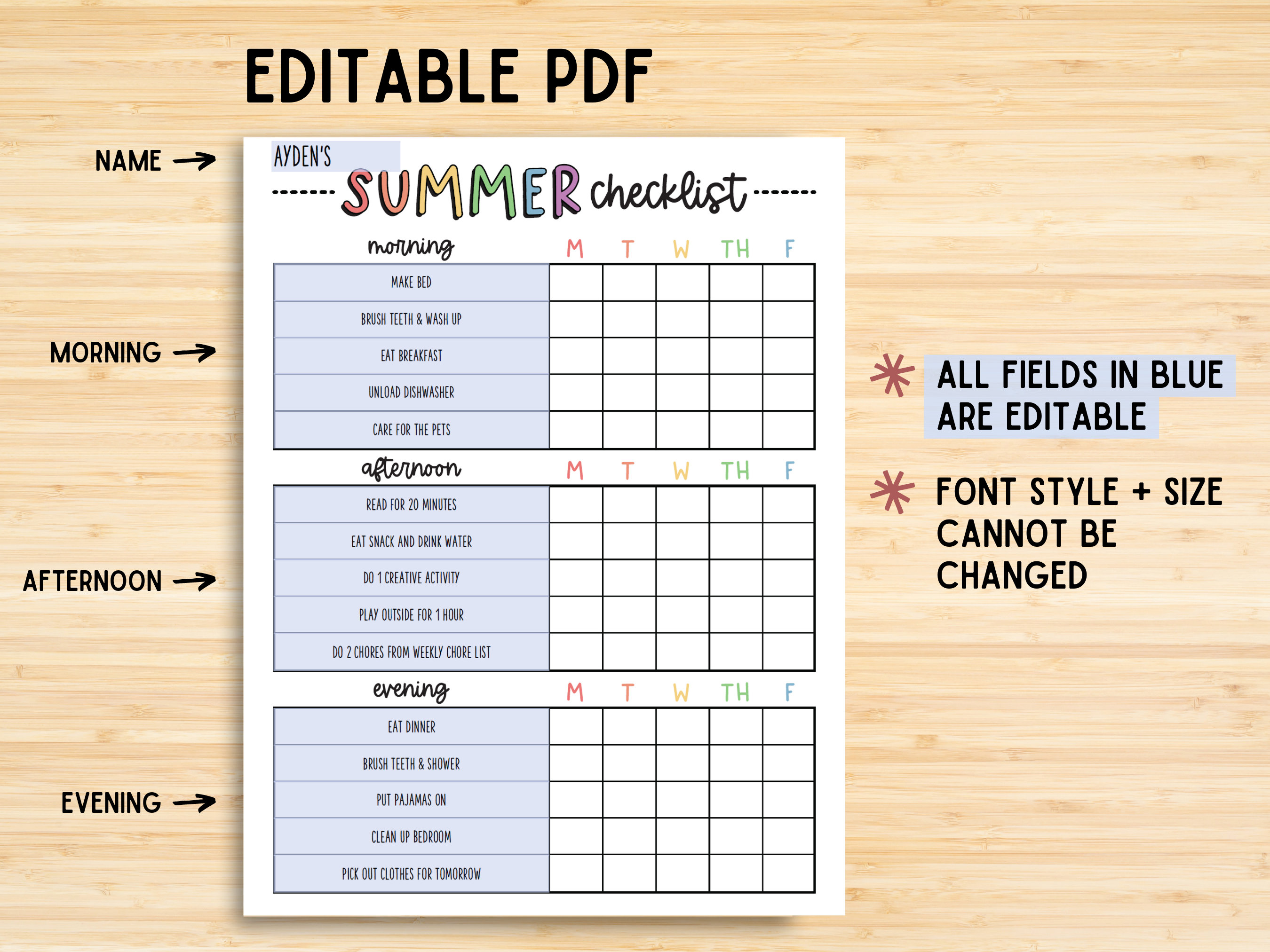 Chore Chart, Printable Editable Summer Daily Checklist for Kids, Chore ...