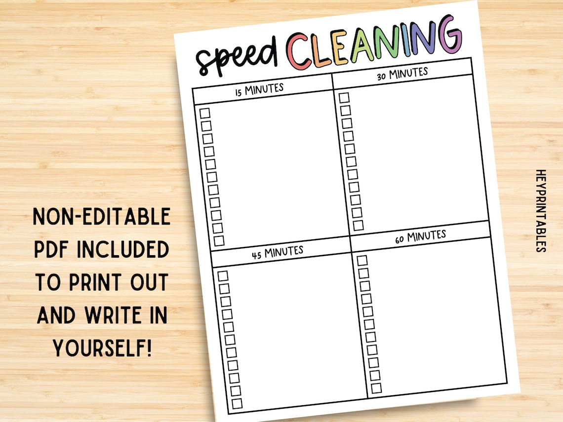 Speed Cleaning Checklist, Printable Speed Cleaning Checklist, Power ...