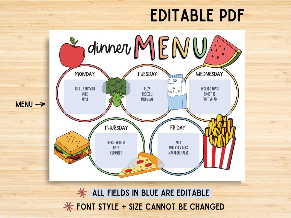 Editable Kids Breakfast Dinner Tea Planner Meal Weekly - Etsy